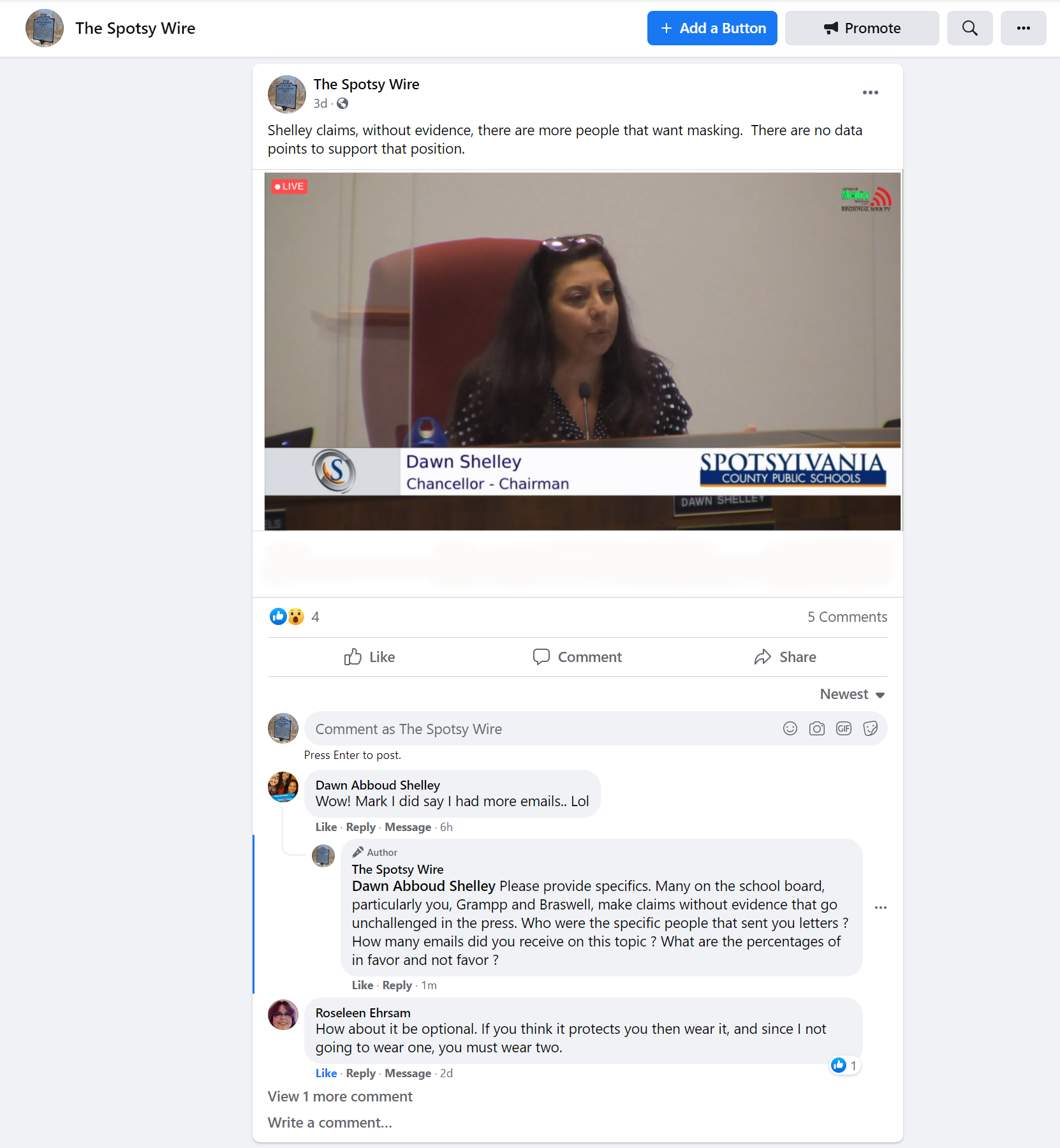 School Board Chair Dawn Shelley comments on Spotsy Wire Facebook page – The Spotsy Wire